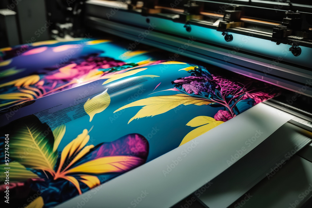 colorful and graphic print emerging from an offset printing press ...