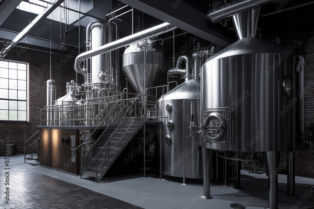 Contemporary beer plant with state-of-the-art brewing kettles and tanks ...