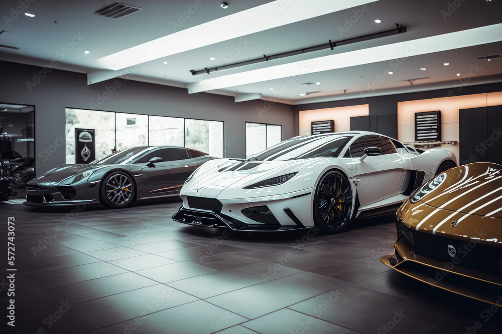 High end Luxury Car Showroom With Shiny Sports Cars Generative Ai
