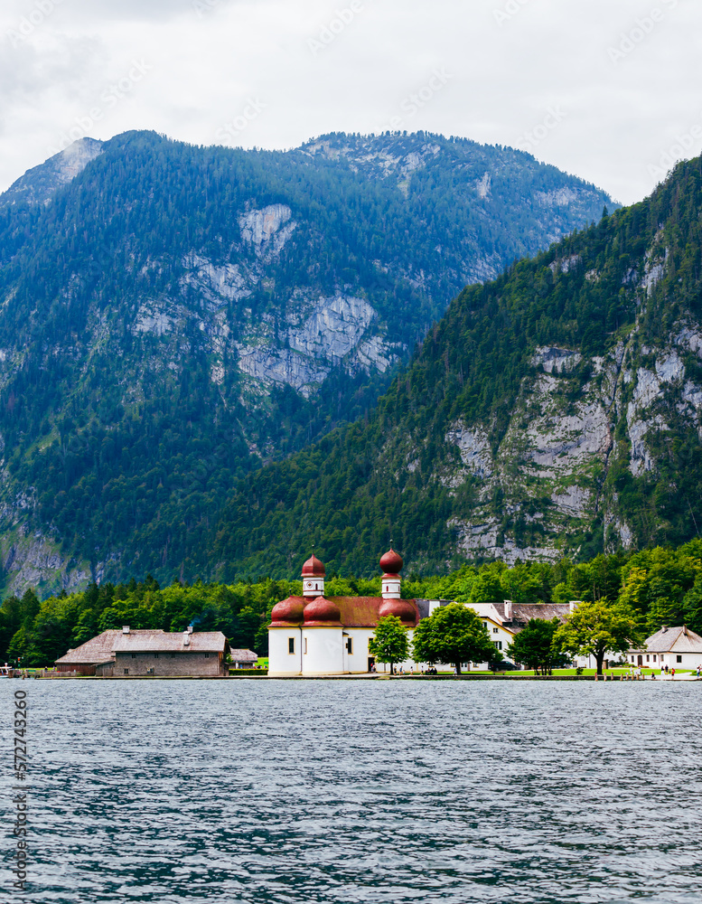 Mountain Watzmann and Pilgrimage church Sankt Bartholomä at Lake ...