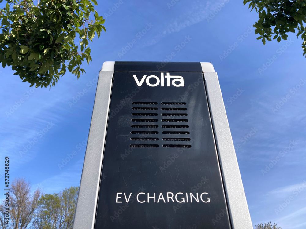 Volta EV Charging sign on outdoor electric vehicle charging station ...