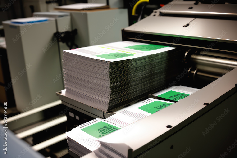 stack of freshly printed materials waiting to be cut and packaged ...