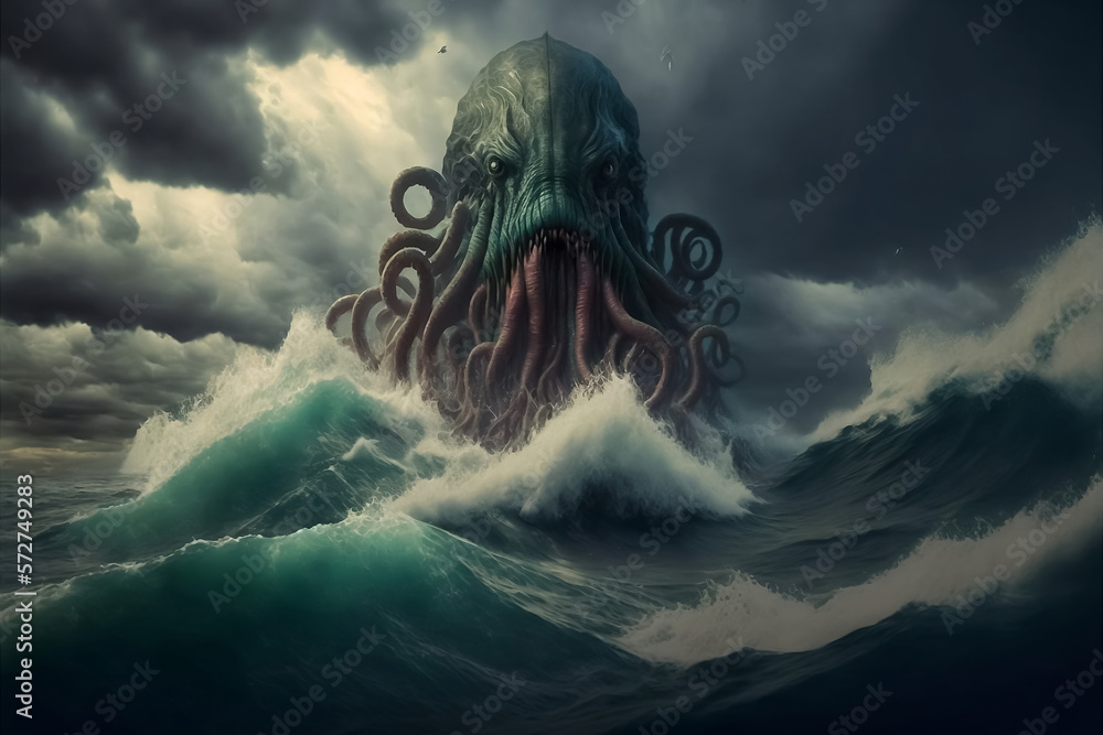 An illustration of "The Call of Cthulhu". The monster rises from the ...