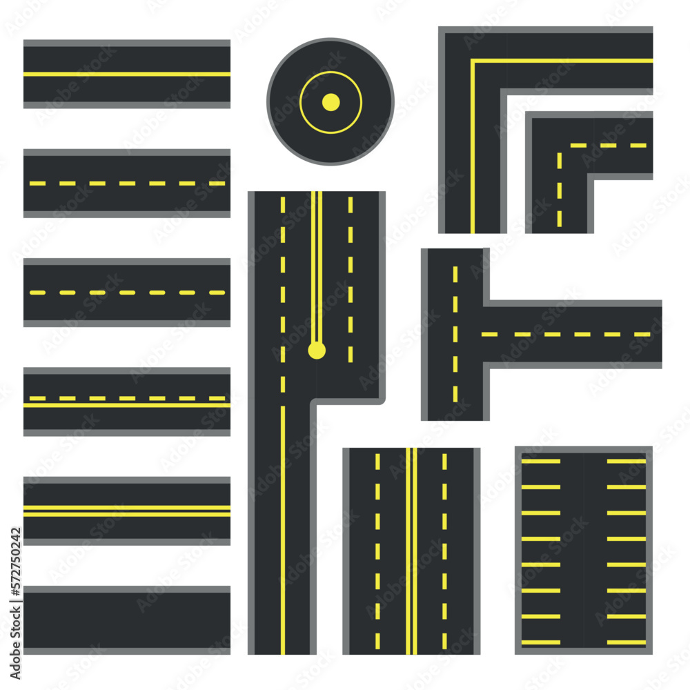 Road set. Roadway with curves and markings. Route planning kit, paved ...