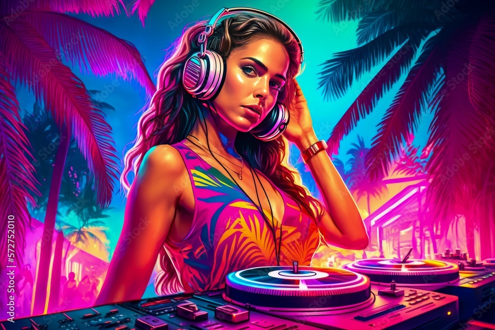 Attractive DJ girl wears bikini at the dance party. DJ console turntable, headphones. Neon light ...