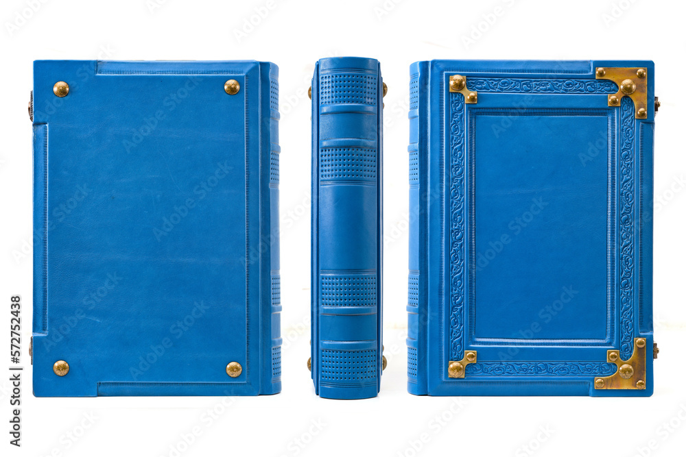 Blue leather book captured from three sides and joined to a single ...