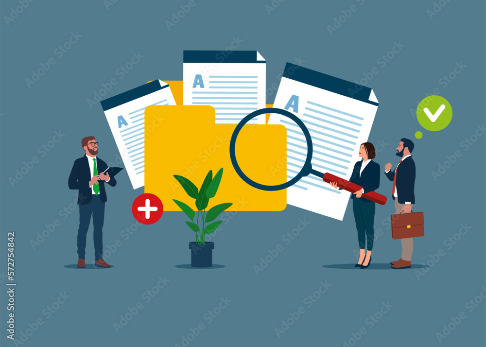 Business People Holds Magnifying Glass And Add Files To Big Folder Storage And Indexing Of