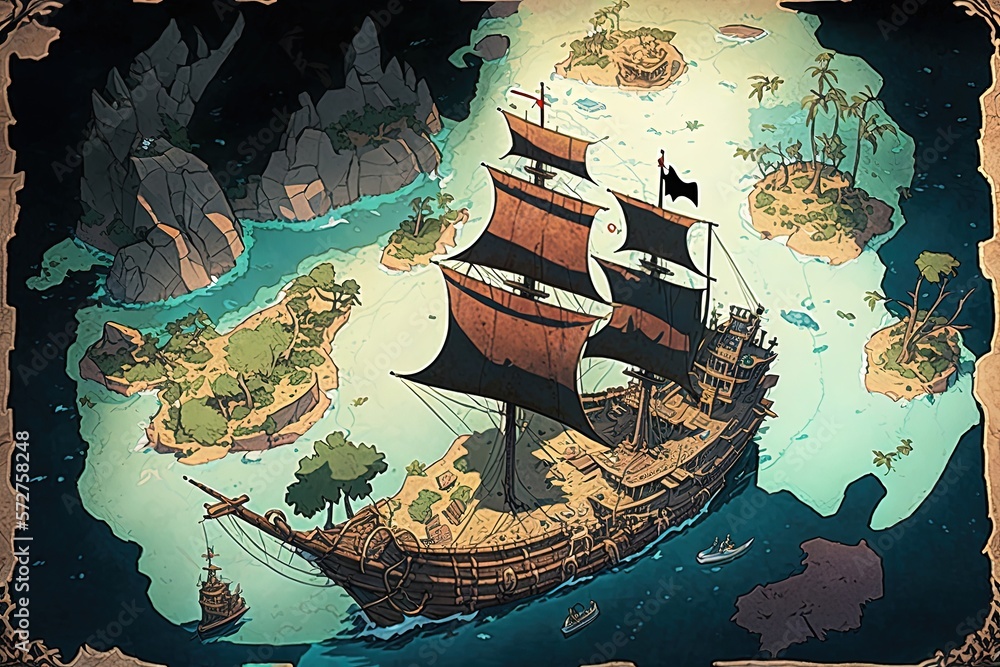 Pirate treasure map with pirate ship and sea. Generate AI Stock ...