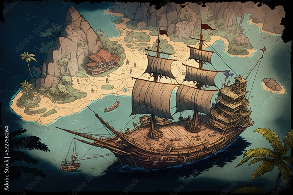 Pirate treasure map with pirate ship and sea. Generate AI Stock ...