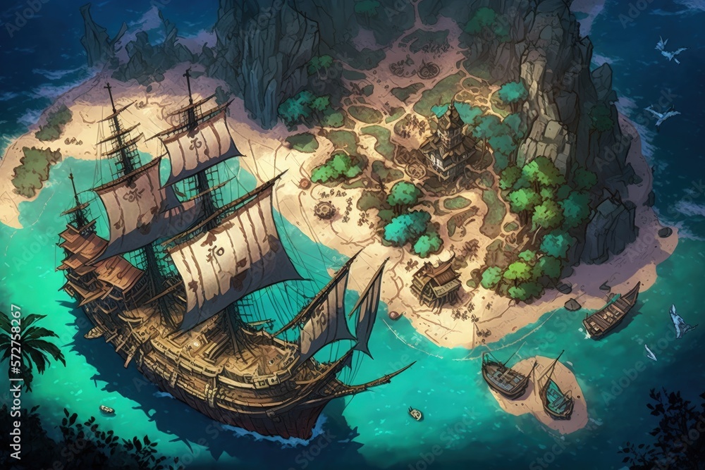 Pirate treasure map with pirate ship and sea. Generate AI Stock ...