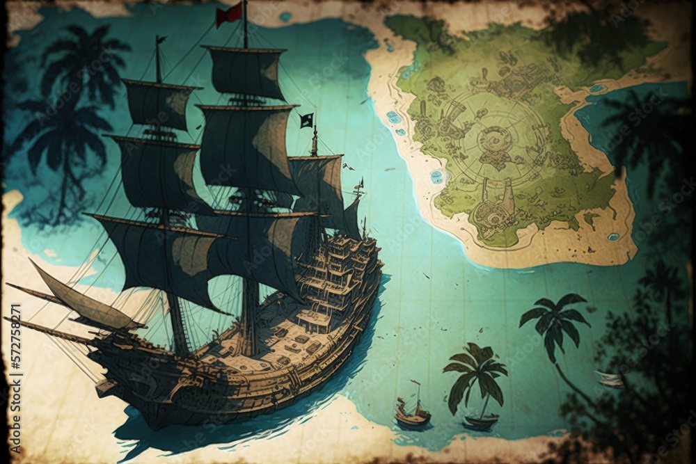 Pirate treasure map with pirate ship and sea. Generate AI Stock ...