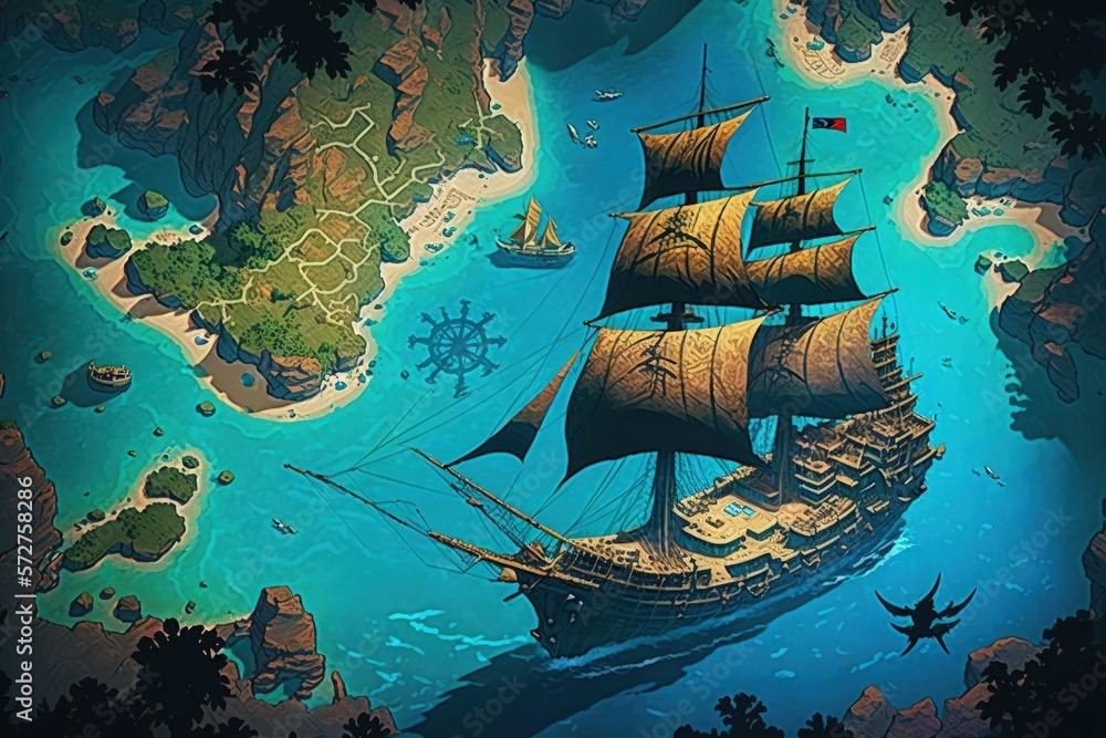 Pirate treasure map with pirate ship and sea. Generate AI Stock ...