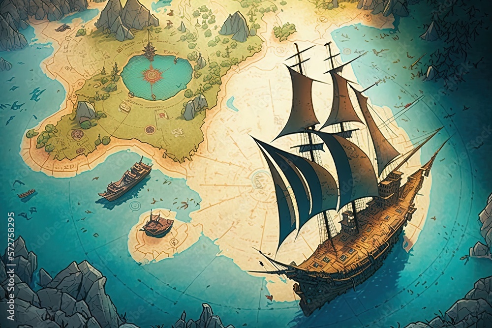 Pirate treasure map with pirate ship and sea. Generate AI Stock ...