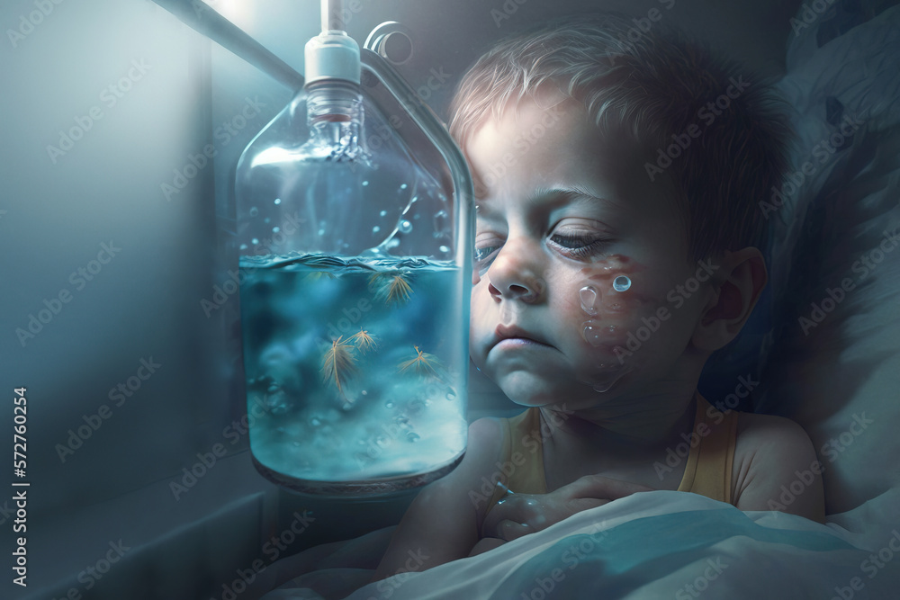 Sick child lying in bed, intubated with natural water. Sick from water ...