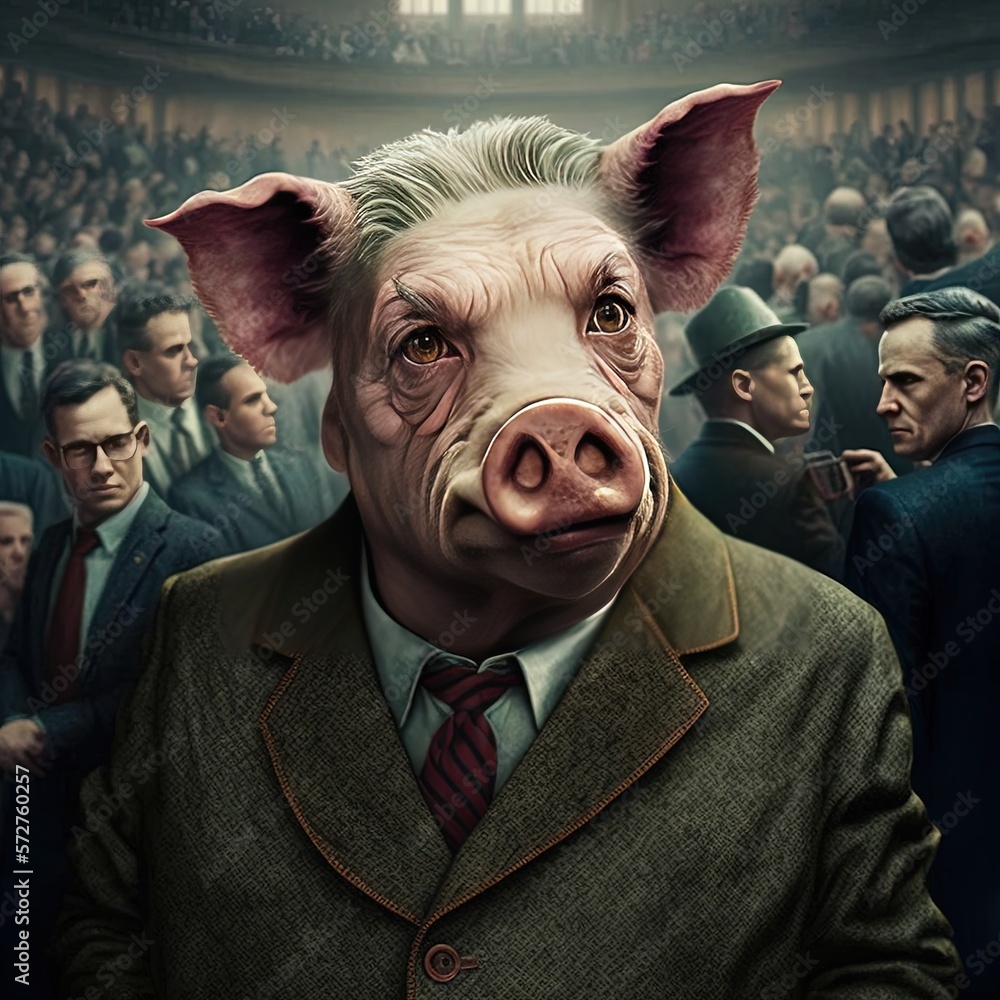 Corrupt politician, pig with evil smile, making fake promises before ...