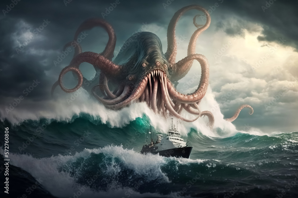 An illustration of "The Call of Cthulhu". The monster rises from the ...