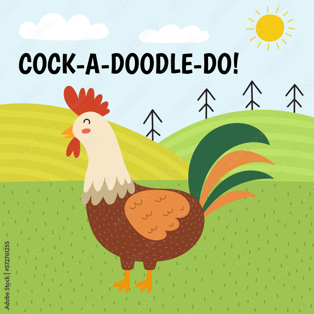 Rooster saying cock-a-doodle-do print. Cute farm character on a green ...