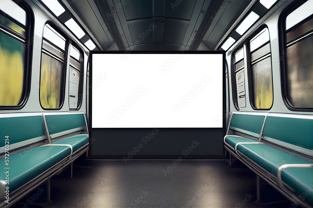 ภาพประกอบสต็อก Interior of modern subway train with white information ...