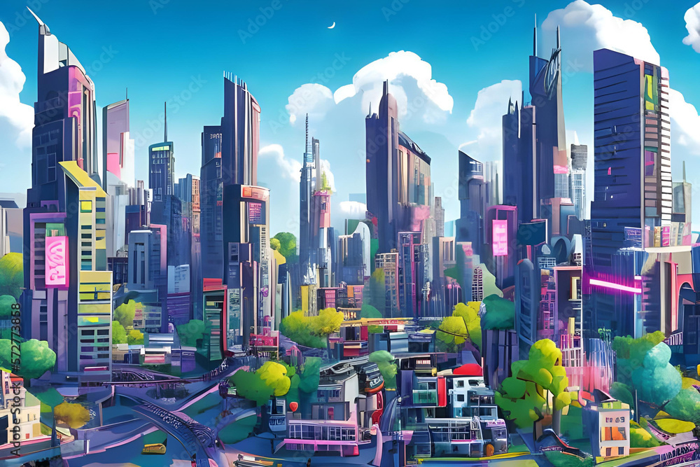 city skyline. traffic in the city. city skyline at dawn. 80's skyline ...