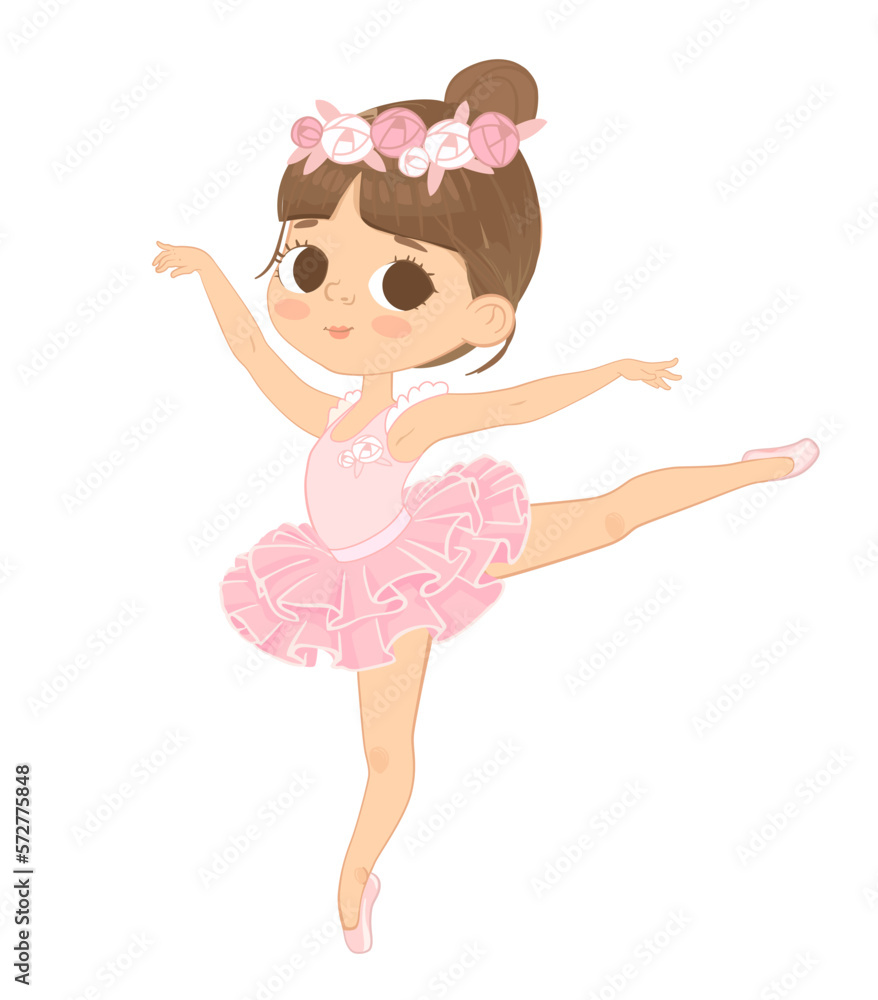 Cute Brown Hair Ballerina Girl Dancing. Little Ballerina in a Pink Tutu ...