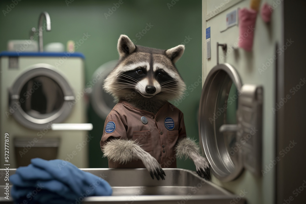 A raccoon in a female uniform works in a laundry, concept of clean ...