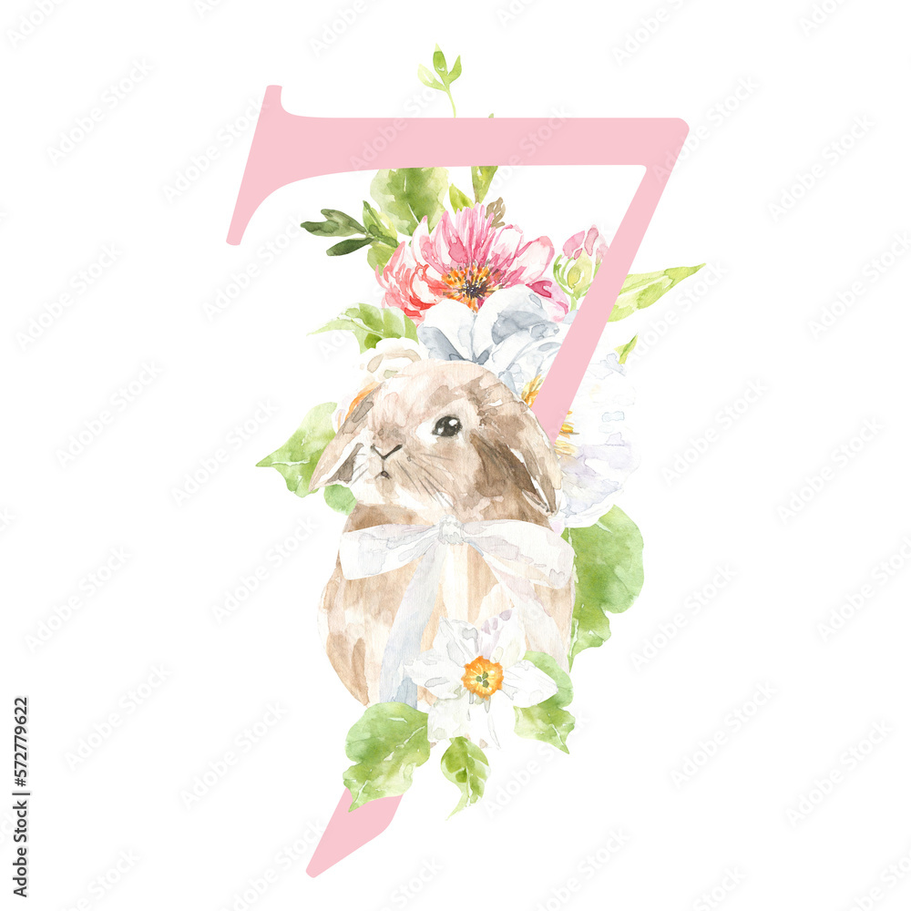 Watercolor Easter numbers, digit 7. Cute baby bunny spring illustration ...