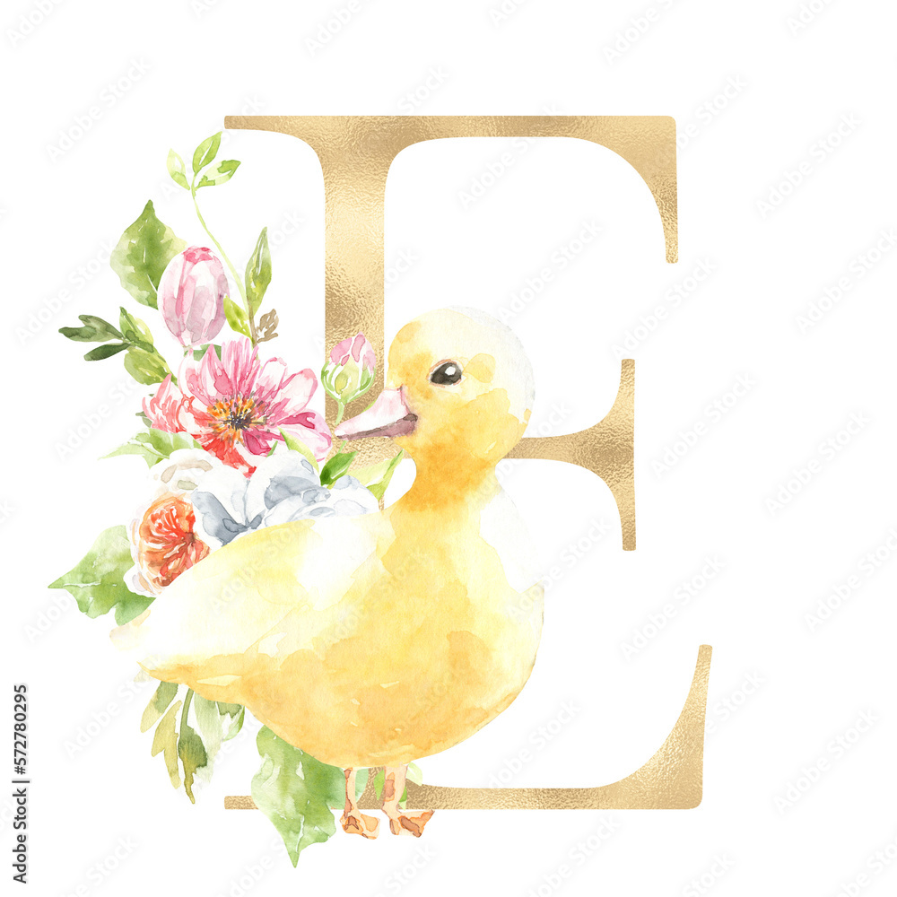 Watercolor Easter floral alphabet, cute duck spring letter E, flower ...