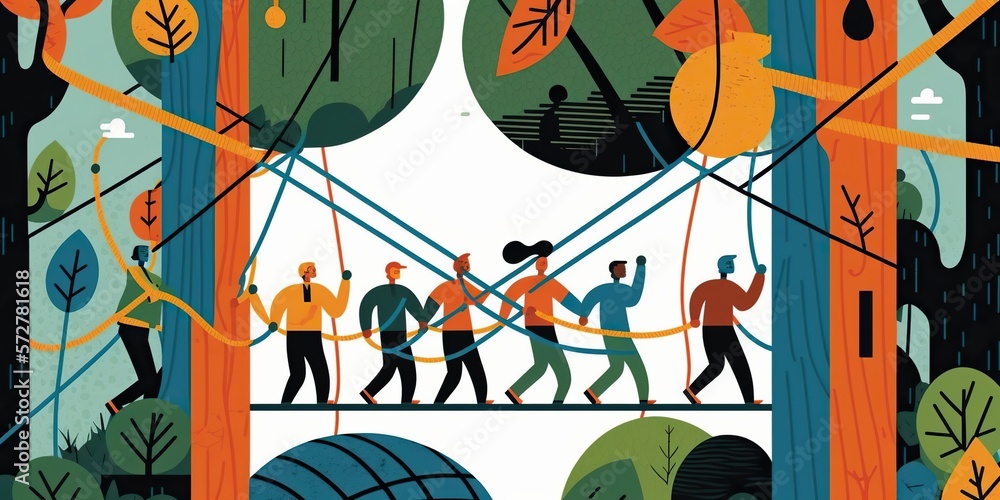 employees participating in team-building exercise such as ropes course ...