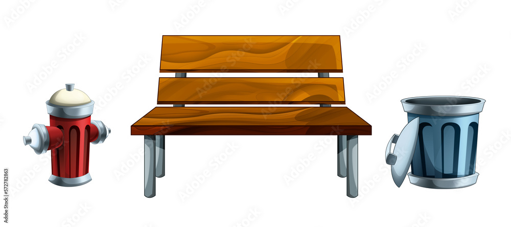 Cartoon colorful stree bench hydrant and dust bin isolated illustration ...