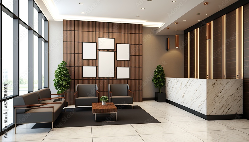 ภาพประกอบสต็อก Interior design of a modern contemporary lobby area with ...