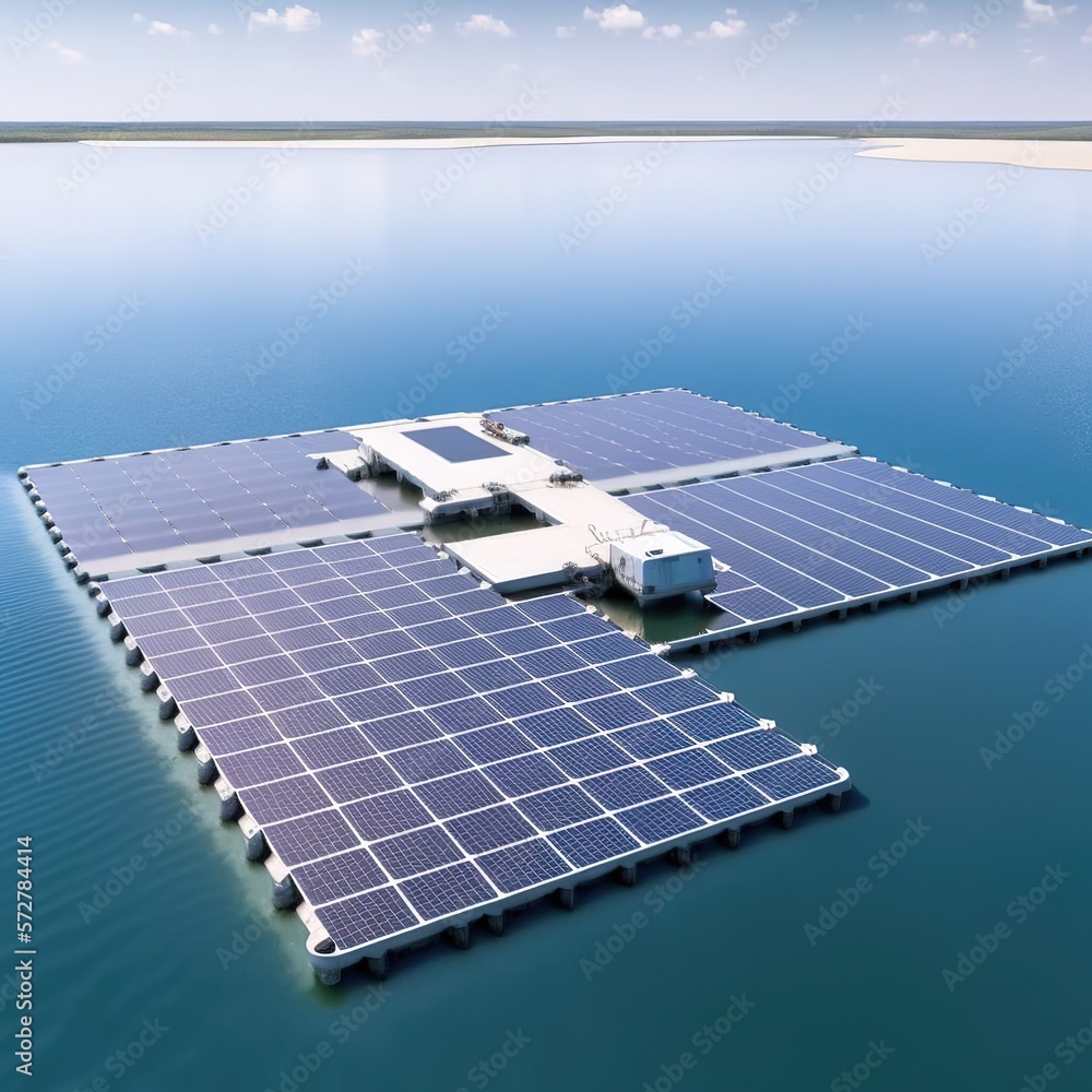 Aerial view floating solar cell power plant with solar cell generate ...