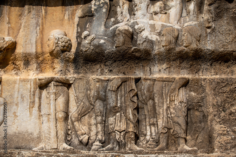 Rock Relief of Bahram II and Arabs, Chogan Valley, Fars, Iran Stock ...