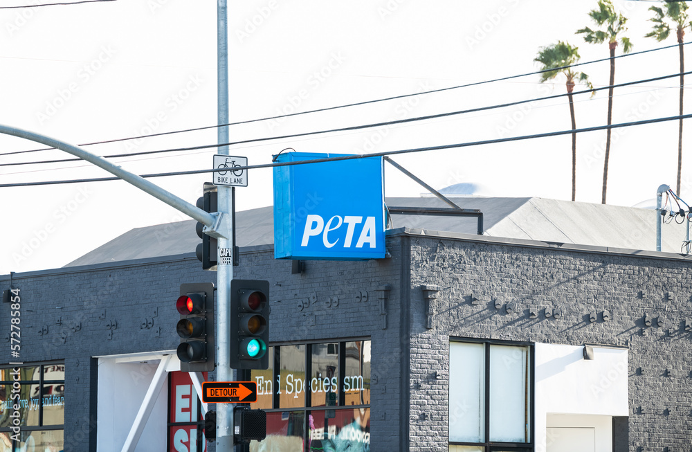 Echo Park, Los Angeles, California - January 5, 2023: The PETA logo on ...