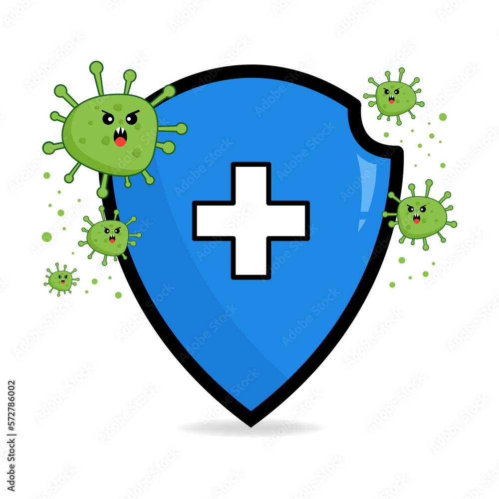 Virus protection banner with shield, cross and bacteria piked cells ...