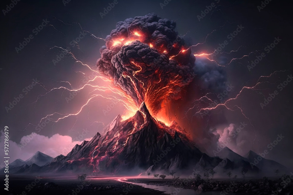 Illustration mountain with volcanic eruption clouds storm lightning AI ...