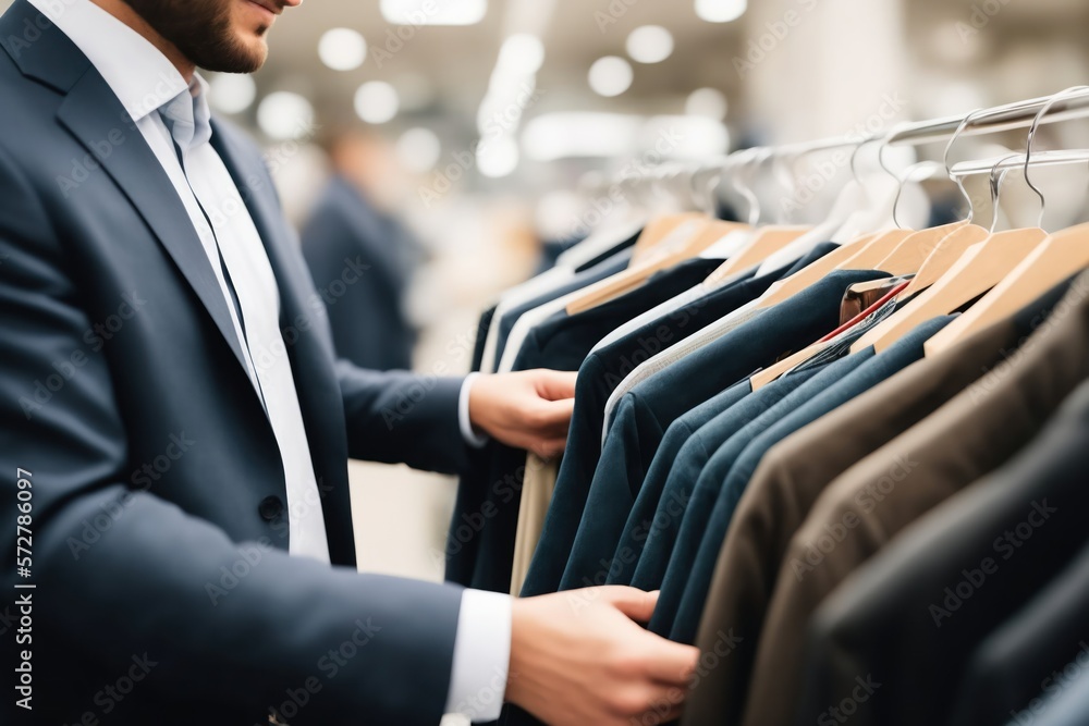 Candid photograph of a man shopping for business suit formal jacket ...