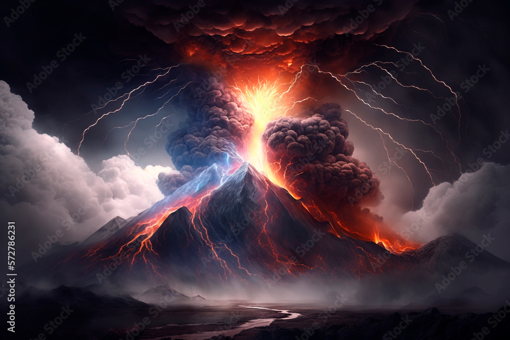 Illustration mountain with volcanic eruption clouds storm lightning AI ...