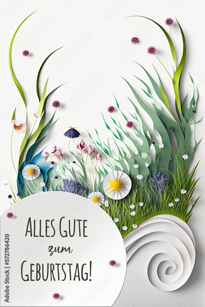ภาพประกอบสต็อก German Birthday card, AI generative. Layered paper grass ...