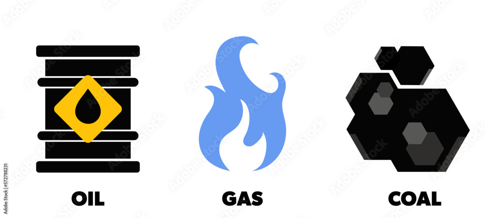 Oil, Gas, Coal. Vector energy and resources icons. Fossil fuel symbols ...