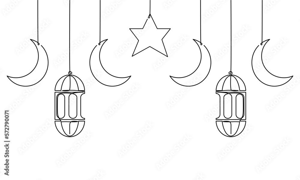 Continuous line drawing of ramadan kareem greeting card. Lantern, moon ...