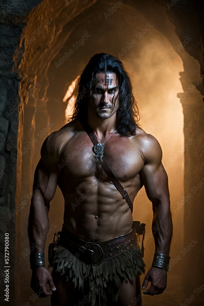 A photo of a muscular fantasy barbarian wearing torn leather, scarred ...