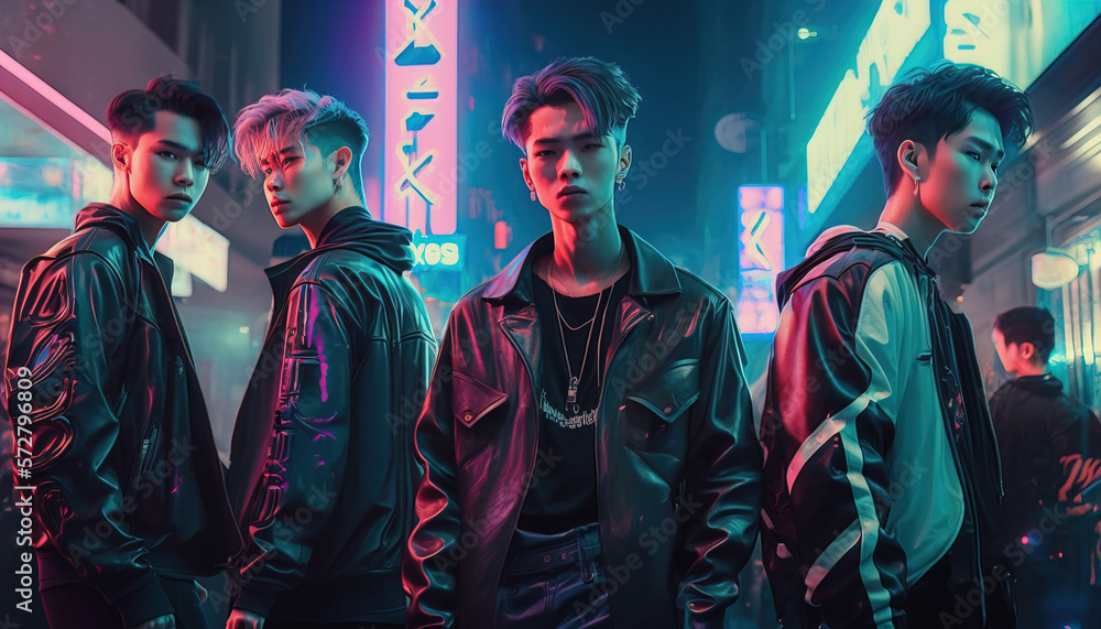Four young k-pop dancers with neon lights at the street on the night ...