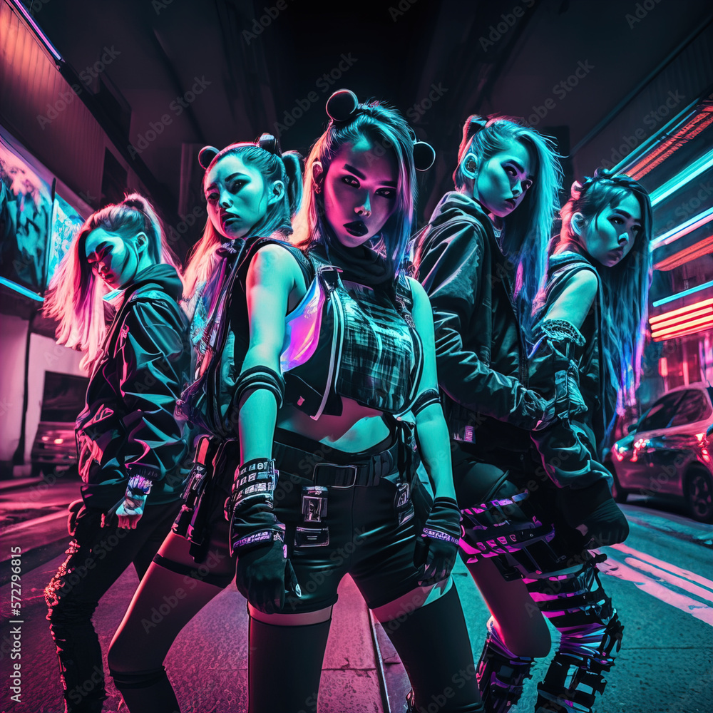 Five young k-pop dancers with neon lights dancing and posing at the ...