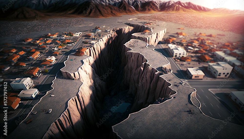 Earthquake concept. Ground cracks, earthquake cracking holes, ruined ...