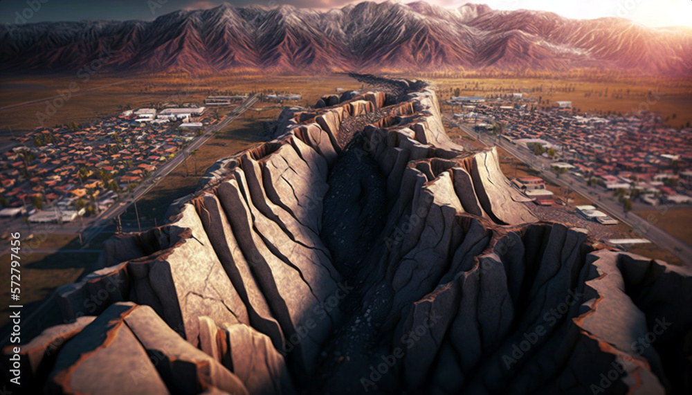 Earthquake concept. Ground cracks, earthquake cracking holes, ruined ...