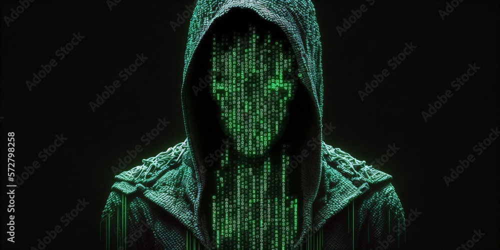 dissolving human head made with binary numbers, fictional person ...