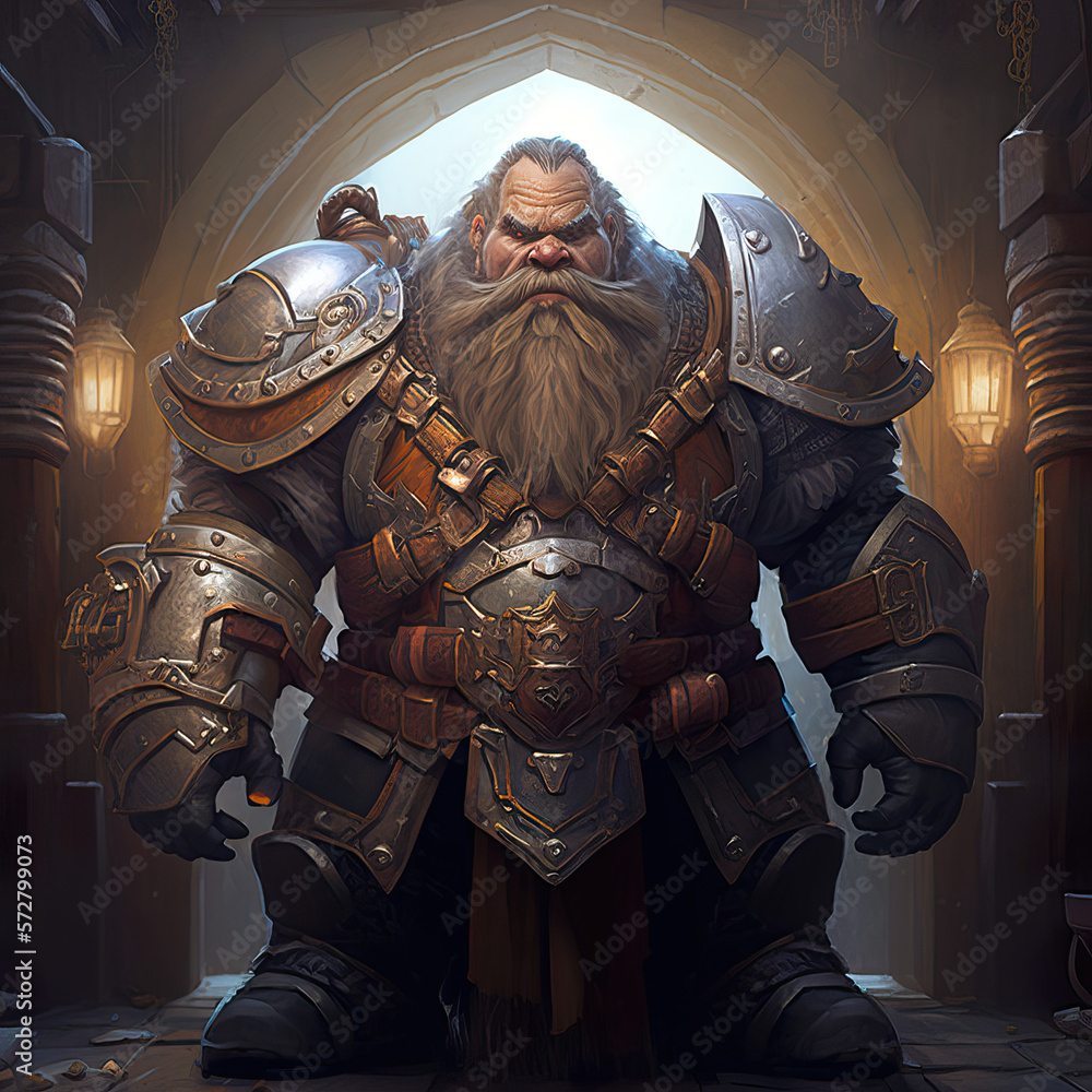 dwarf in armor standing in a hallway with symbolic elements ...