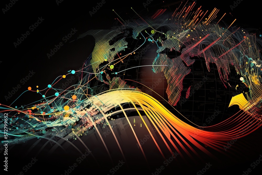 Abstract visualization of global economy with colorful lines shapes and ...
