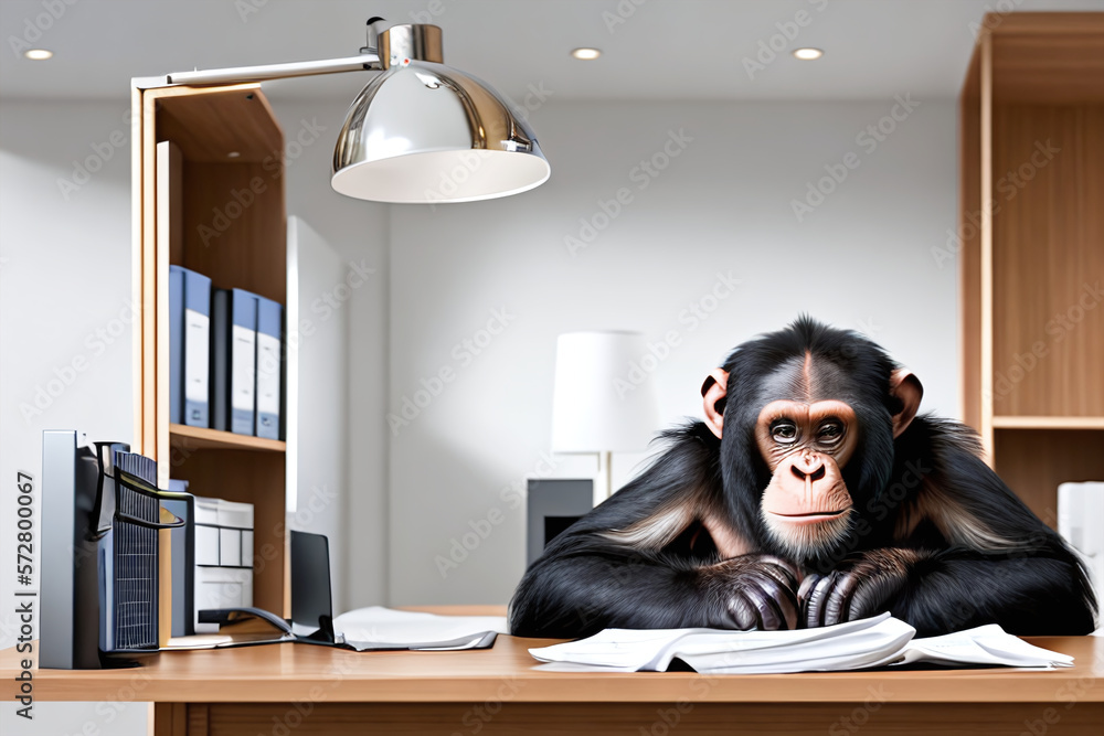 A chimp in a professional setting, multitasking with stack of papers ...