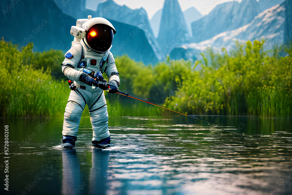 Astronaut in a space suit enjoying fishing in a pond. Sunlight reflecting in the water, peaceful ...